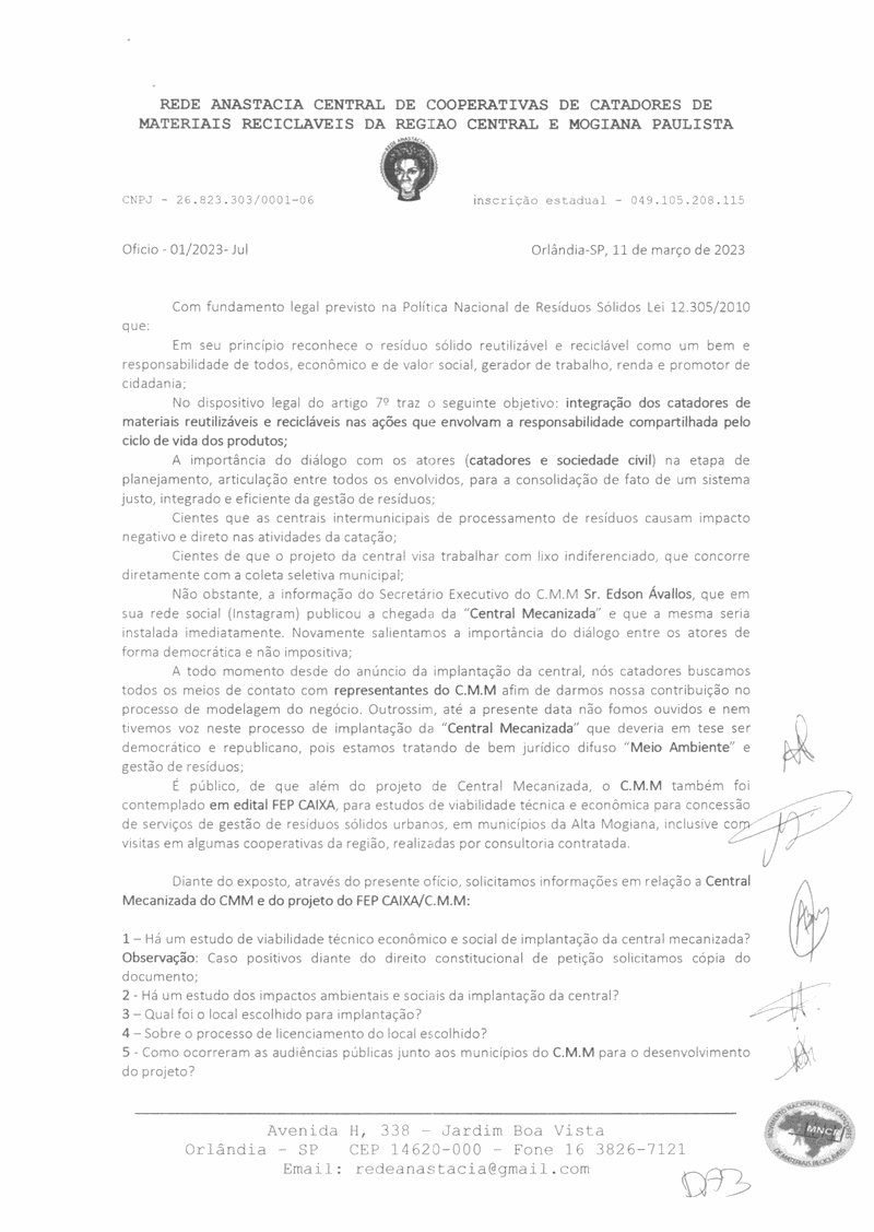 Ofício da Rede Anastácia para o Consórcio Municipal Mogiana (SP)